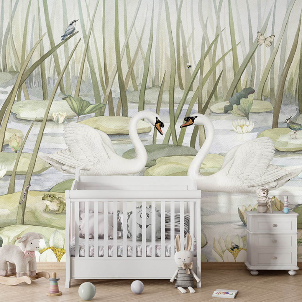 Tapet Personalizat "Spectacular Swans" - Două Lebede Albe pe Un Fundal ...