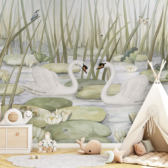 Tapet Personalizat "Spectacular Swans" - Două Lebede Albe pe Un Fundal ...