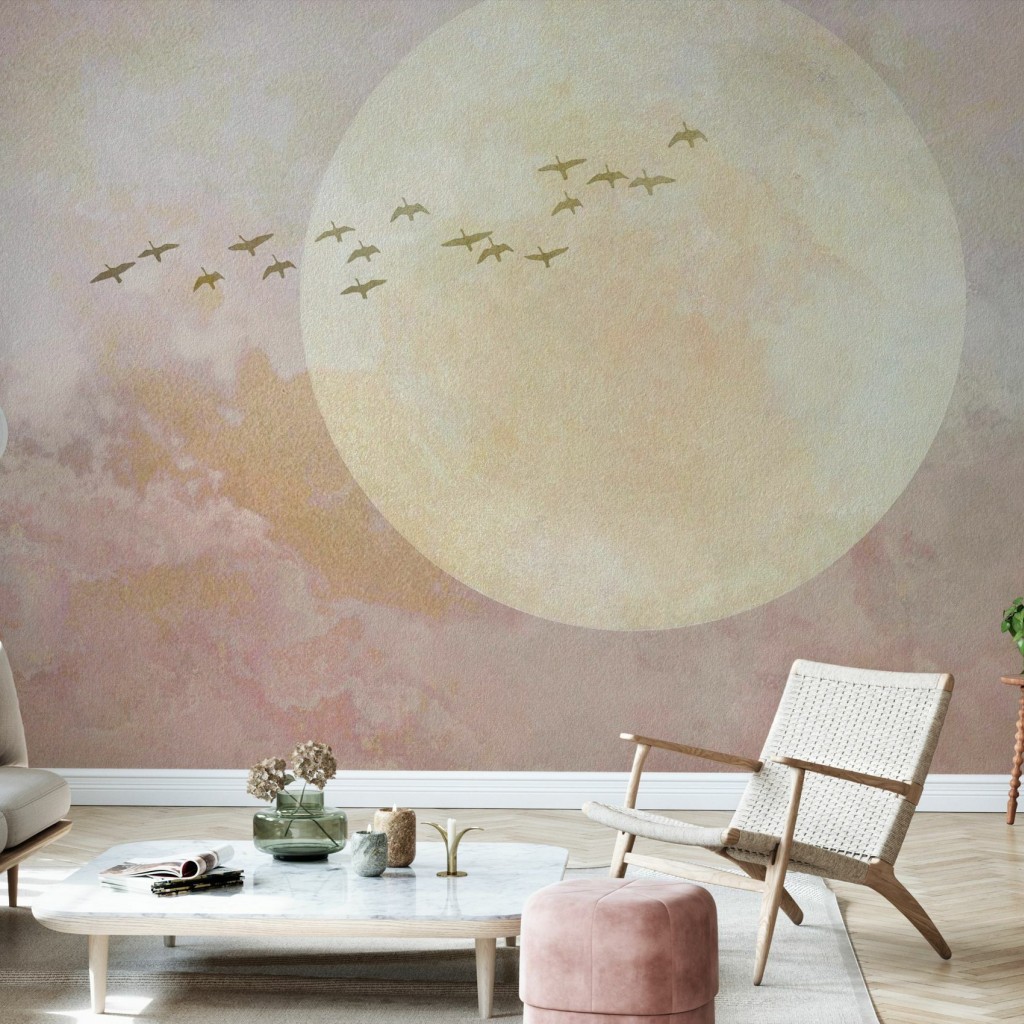 Wallpaper Moonlight Birds - Un design calmant cu păsări și luna plină | XTDeco.ro