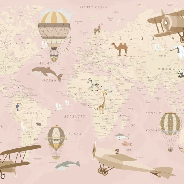 Fototapet Explorer Map - Pink | Harta lumii pentru copii | XTDeco.ro