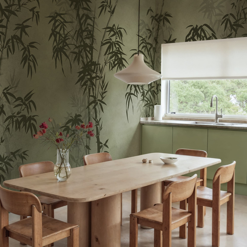 Tapet verde cu bambus | Eleganță și natură | XTDeco.ro